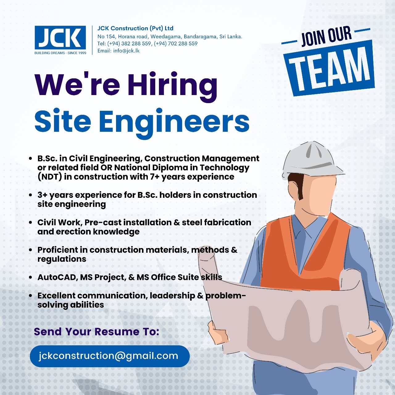 Site Engineers - JCK Constrcution (Pvt) Ltd - Jobpal.lk - Find Jobs in ...
